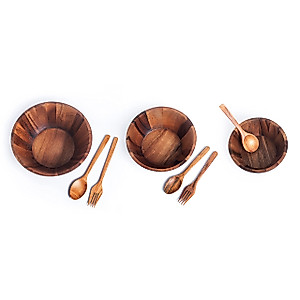 Large Acacia Wood Nesting Round Set 3 Serving Bowls 9½” 8½” 7” with Utensils Wooden Forks and Spoons Mix size Stackable Dish for Fruit Salad Vegetables Pasta Soup Cereals Decorative Wooden Nest Bowl