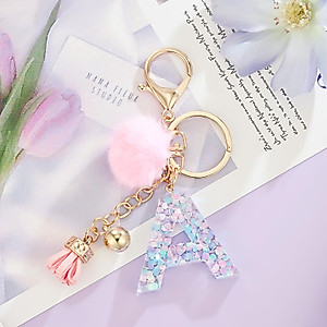 OKAICEN Pink-Purple Resin Alphabet Initial Letter Keychain Key Ring for Women Grils Purse Handbags with Faux Rabbit Fur Ball Pom('A')