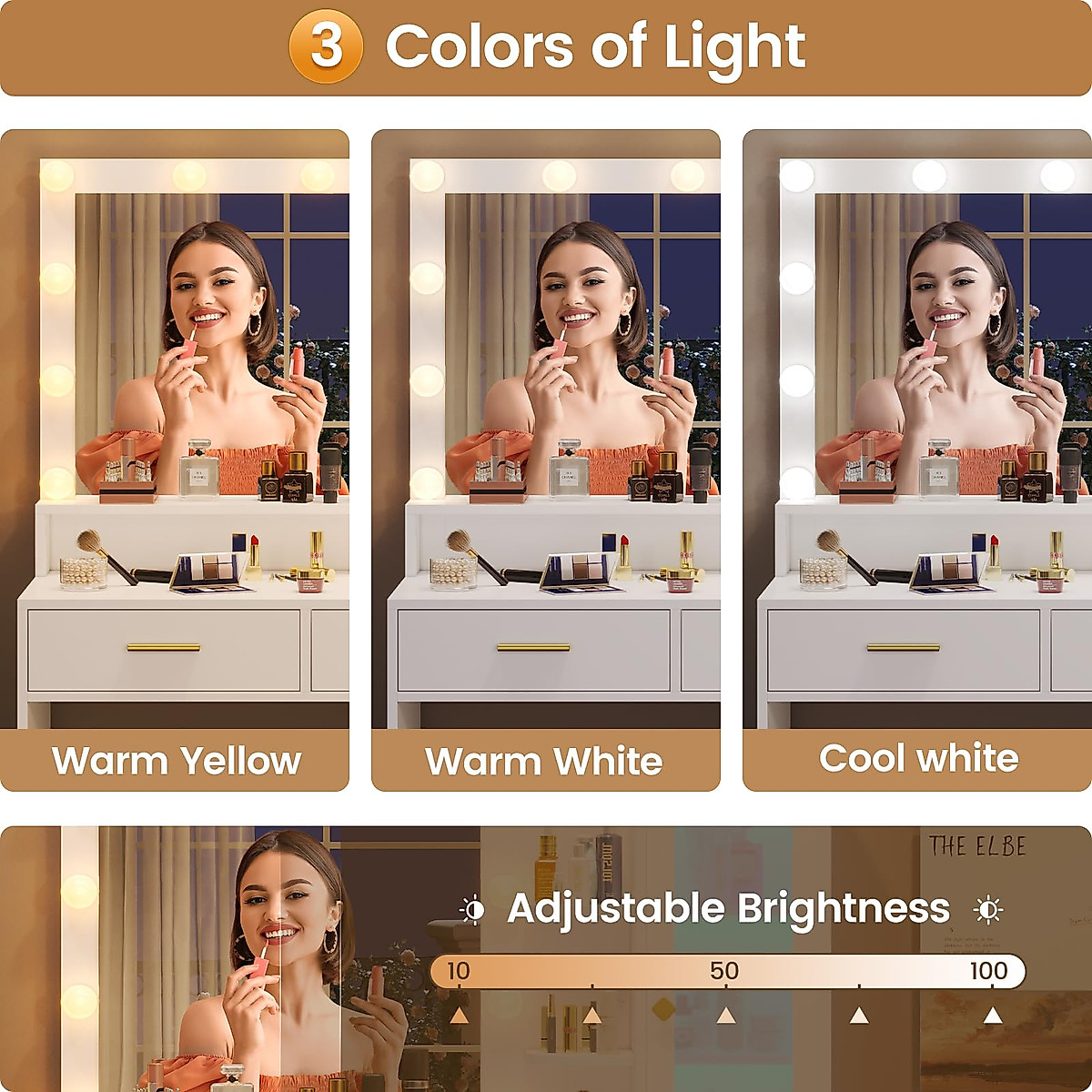 HAUOMS White Makeup Vanity with Lights Vanity Desk with Mirror, Large Vanity Table Set with Drawer Dresser, Charging Station & RGB Cabinets, Makeup Table with 5 Drawers and Storage Shelves, White