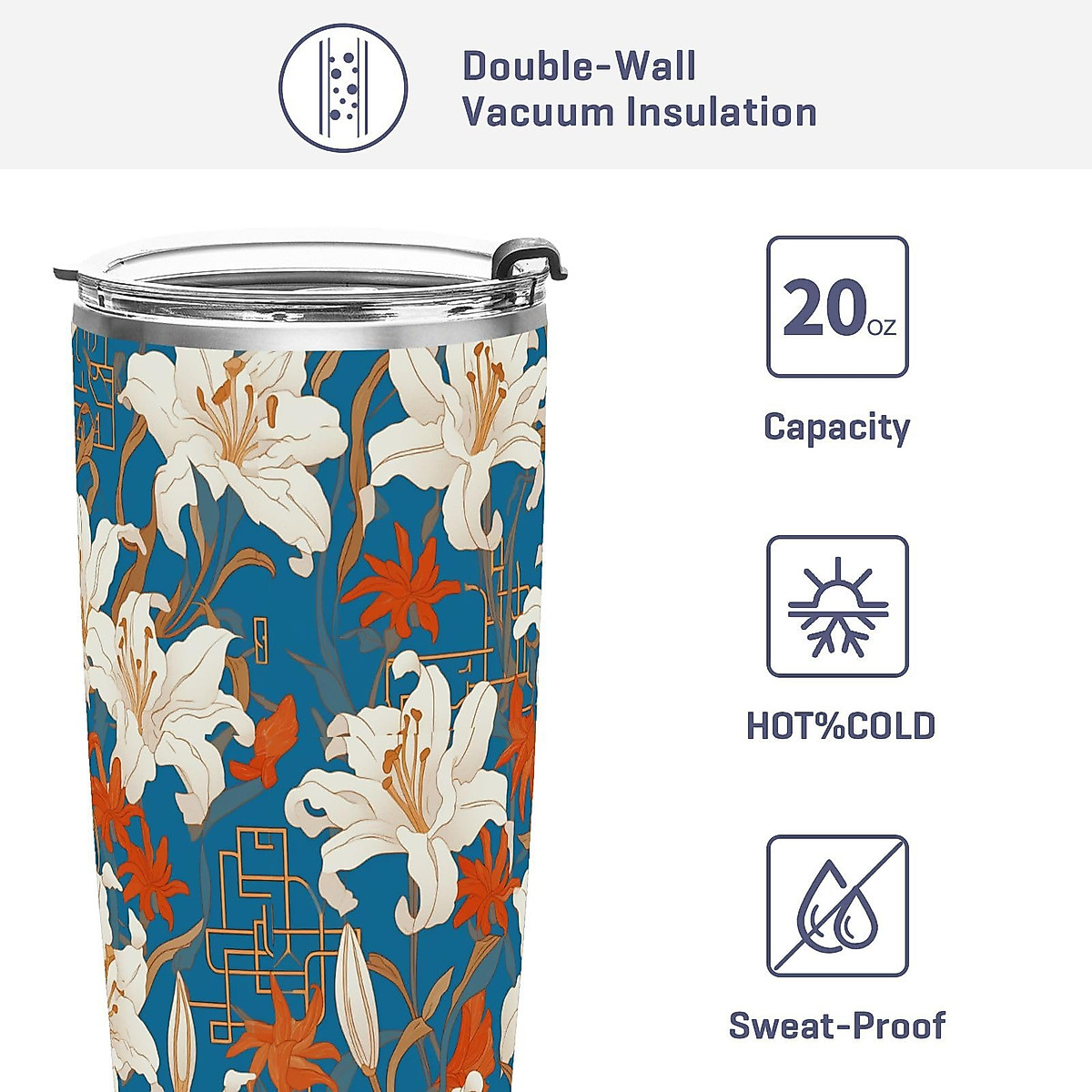 sanluoli Flat Geometric Pattern Lily Colorful Stainless Steel insulated coffee cup with Straw Leak Resistant Flip mug for hot drinks for outdoor reusable tumbler with lid and straw 20 OZ