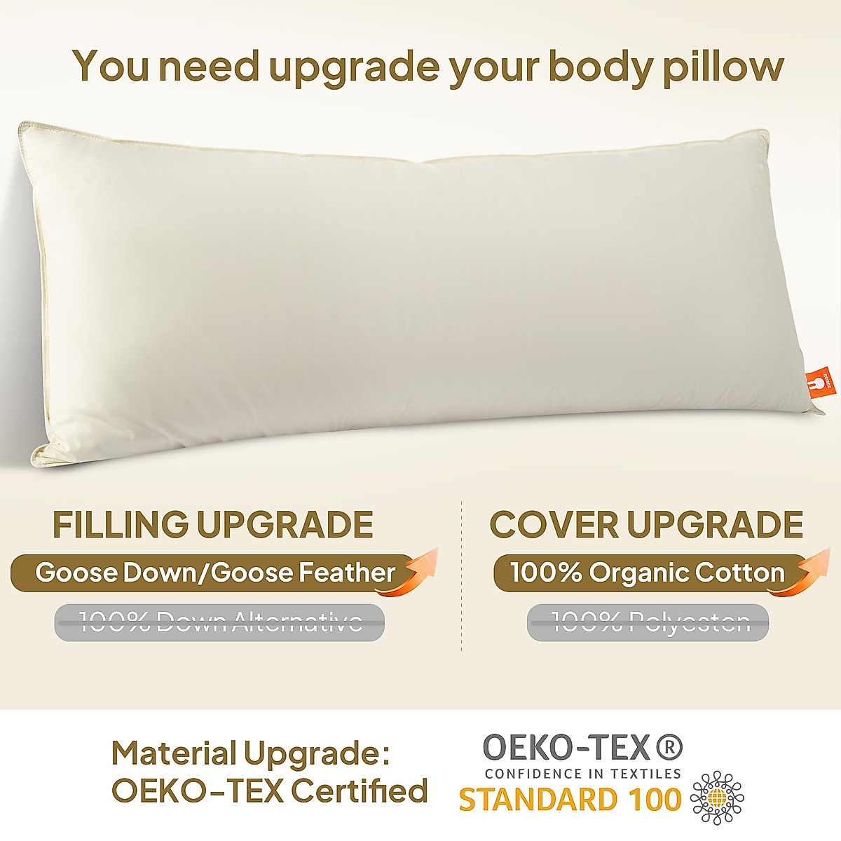 Goose Down Body Pillow Firm Body Pillows for Adults Large Long Hugging Pillow Insert for Side Sleepers, Breathable Full Body Pillow for Bed Sleeping with 100% Organic Cotton Downproof Shell