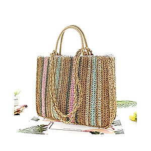 QTKJ Fashion Women Straw Zipper Tote Bag Summer Beach Colorful Shoulder Bag with Woven Shoulder Strap
