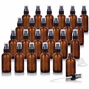 JUVITUS 2 oz / 60 ml Amber Glass Boston Round Bottle with Black Treatment Pump (24 Pack) + Funnel