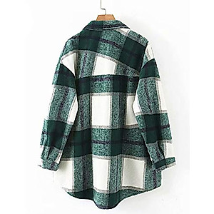 Tanming Womens Brushed Flannel Plaid Lapel Button Short Pocketed Shacket Shirts Coats（01 Green-M）