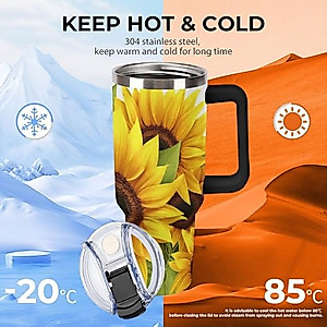 Sunflower 40 Oz Water Bottle, Stainless Steel Tumbler with Handle And Straw, Extra Large Insulated Tumbler, Flip Straw Tumblers for Sports, Work, Car, Travel And Weekends