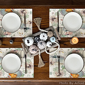 Artoid Mode Pumpkins Leaves Floral Fall Placemats Set of 4, 12x18 Inch Seasonal Autumn Thanksgiving Table Mats for Party Kitchen Dining Decoration