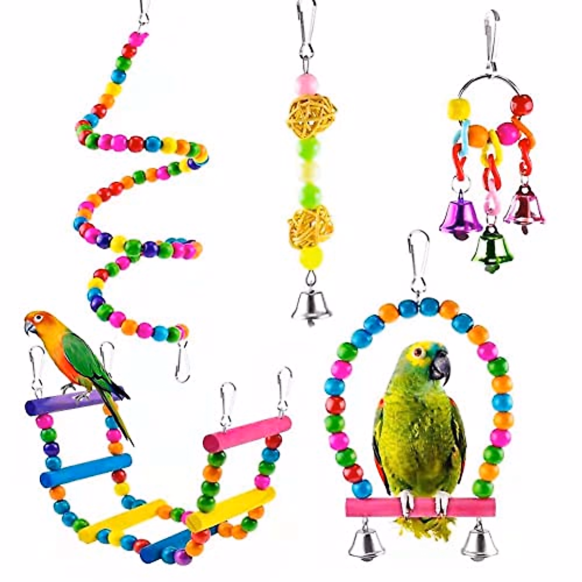 Bird Toys 6Pcs Wooden Hanging Bell with Hammock Climbing Ladders Colorful Pet Bird Swing Toys for Budgerigar, Parakeet, Conure, Cockatiel, Mynah, Love Birds, Finches