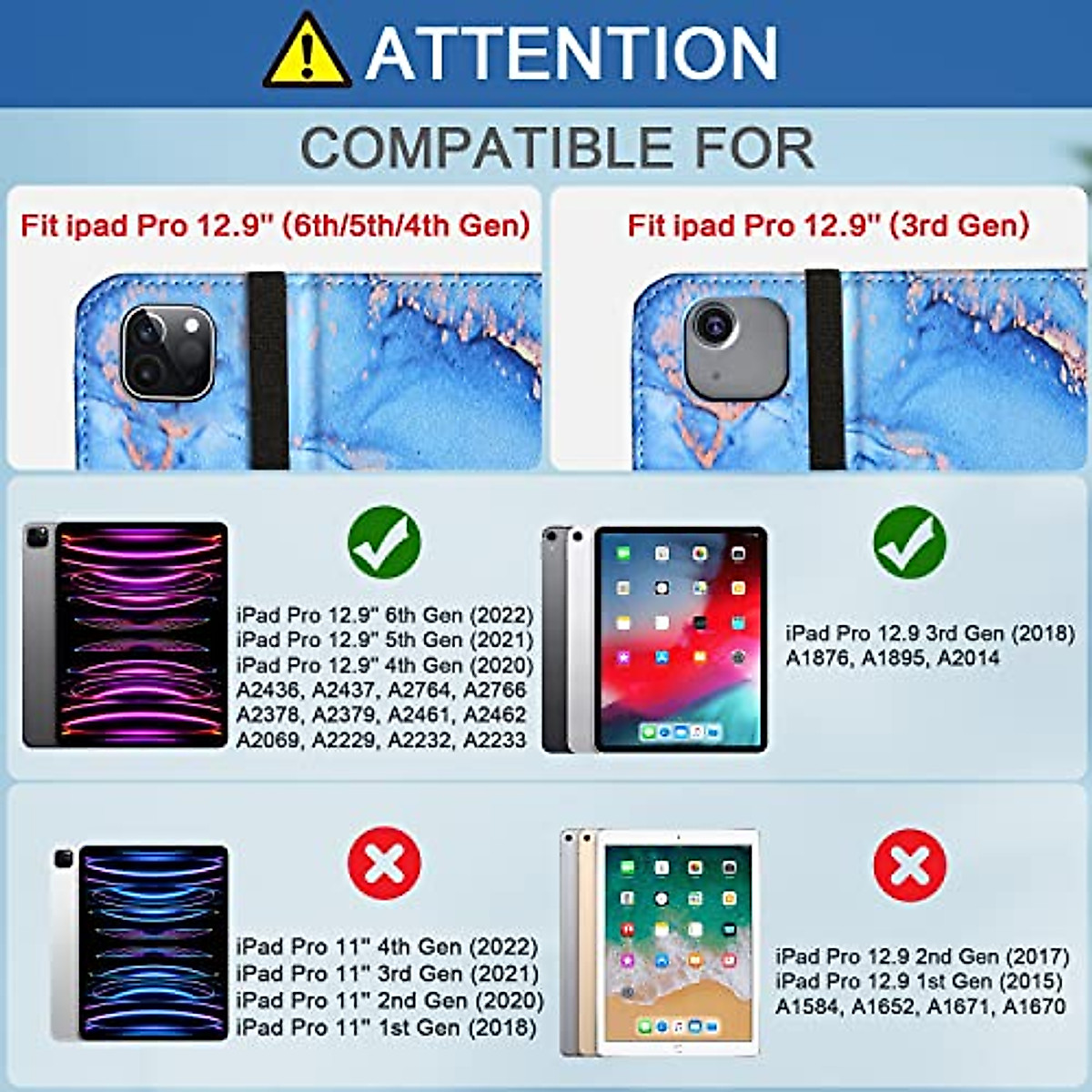 Zonefoker for New iPad Pro 12.9 Case 6th/5th/4th/3rd Generation 2022/2021/2020/2018, 12.9 inch ipad Pro Leather Folio Cover with Pencil Holder, Multi-Angle Viewing Stand, Auto Wake/Sleep, Marble Blue