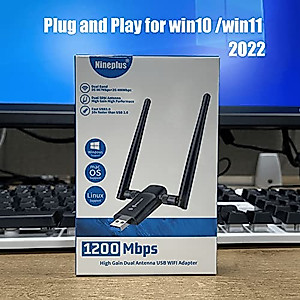 Wireless USB WiFi Adapter for PC - Nineplus 1200Mbps Dual 5Dbi Antennas 5G/2.4G WiFi Adapter for Desktop PC Laptop Windows11/10/8/8.1/7/Vista/XP, Wireless Adapter for Desktop Computer Network Adapters