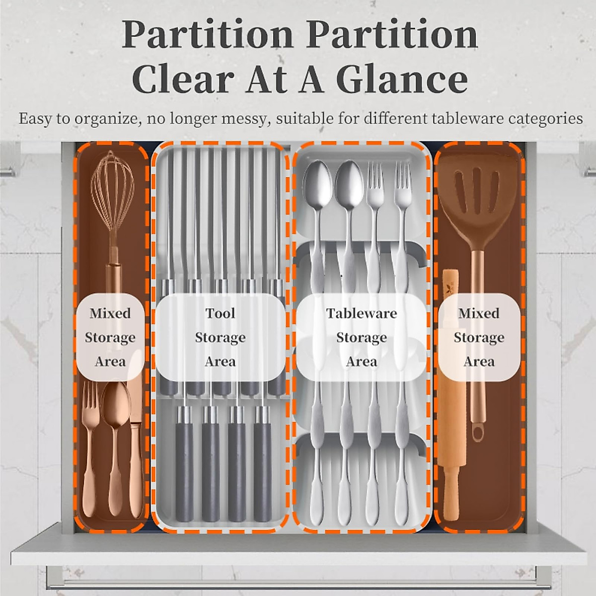 BroWood Utensil Drawer Organizer BPA Free PP Material Flatware Organizers,Expandable Cutlery Drawer Organizer,Adjustable Plastic Silverware Organizer