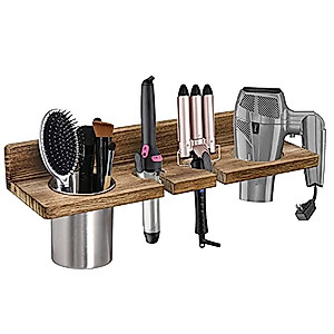 Bathroom Wall Mount Hair Dryer Holder Hair Care & Styling Tool Organizer, Farmhouse Wooden Beauty Hair Appliance Holder for Flat Iron, Curling Wand, Hair Straighteners, Brushes,Dark Brown