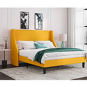Allewie Queen Bed Frame, Platform Bed Frame Queen Size with Upholstered Headboard, Modern Deluxe Wingback, Wood Slat Support, Mattress Foundation, Light Yellow
