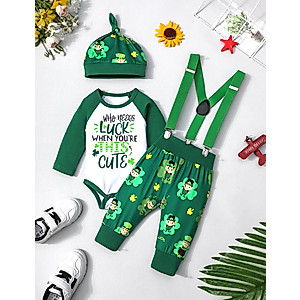 Queenstyle St Patricks Day Baby Boy Outfitt 3-6 Months My First St Patricks Day Baby Boy Outfit Romper Suspender Pants Print Hat 3Pcs Set
