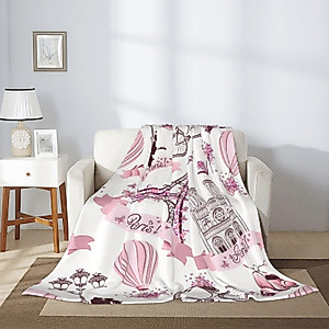 Paris Romantic Pink Blanket, Soft Blankets Flannel Bed Throw Cozy Lightweight Plush Gifts for Women Men Boys Girls Sofa Couch Bedroom Living Rooms Warm All Season, Home Decor, 80"x60"