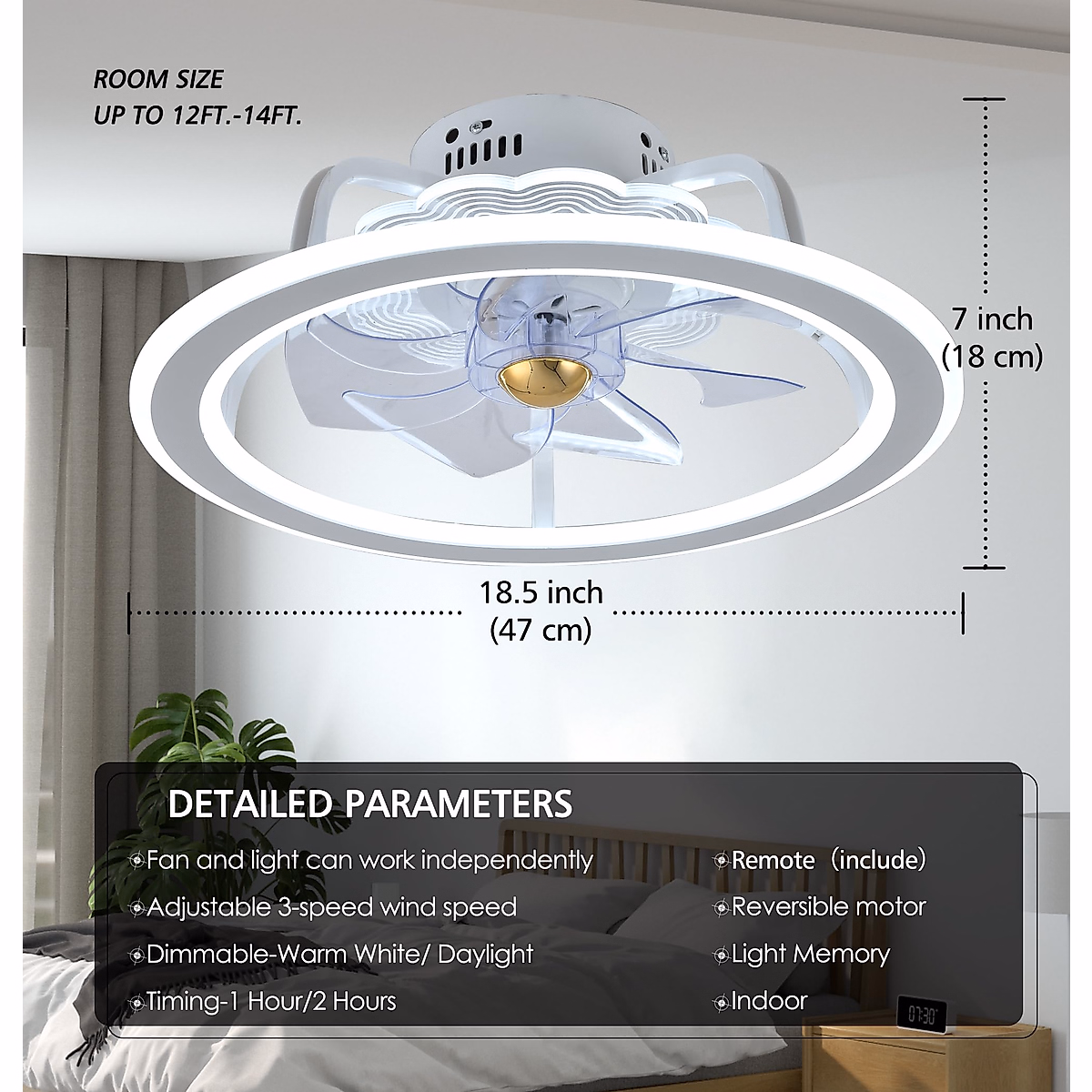FOSOQIB Low Profile Ceiling Fan with Light and Remote 3-Color Dimmable,3-Speed Reversible Blade Bladeless Ceiling Fan with Light, Ceiling Fans with Lights for Bedroom Kitchen Home Office