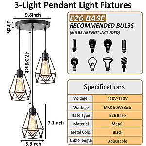 YXTH 3-Light Pendant Light Fixtures, Farmhouse Hanging Pendant Lighting, Adjustable Industrial Kitchen Island Hanging Light Fixture, Black Metal Cage Pendant Ceiling Lamp for Kitchen Dining Room
