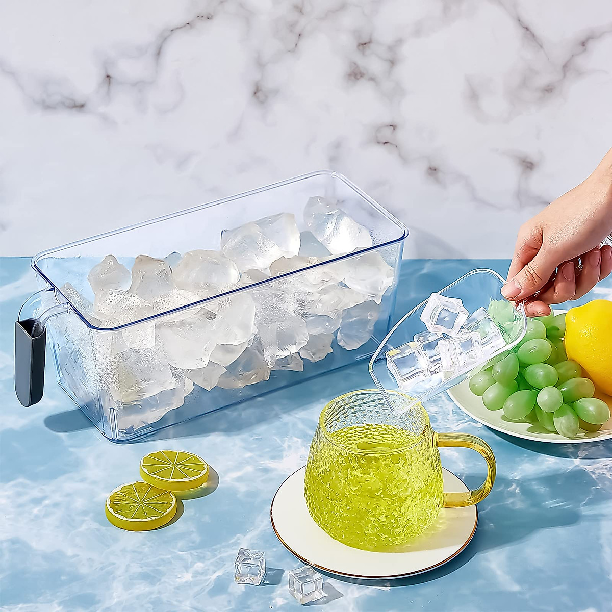 4 Set Clear Plastic Storage Bin with Scoop Clear Freezer Ice Bin with Pull out Handle Ice Container for Freezer Organizer Plastic Utility Ice Scoop Plastic Scoops for Dry Goods Kitchen Fridge Cabinet
