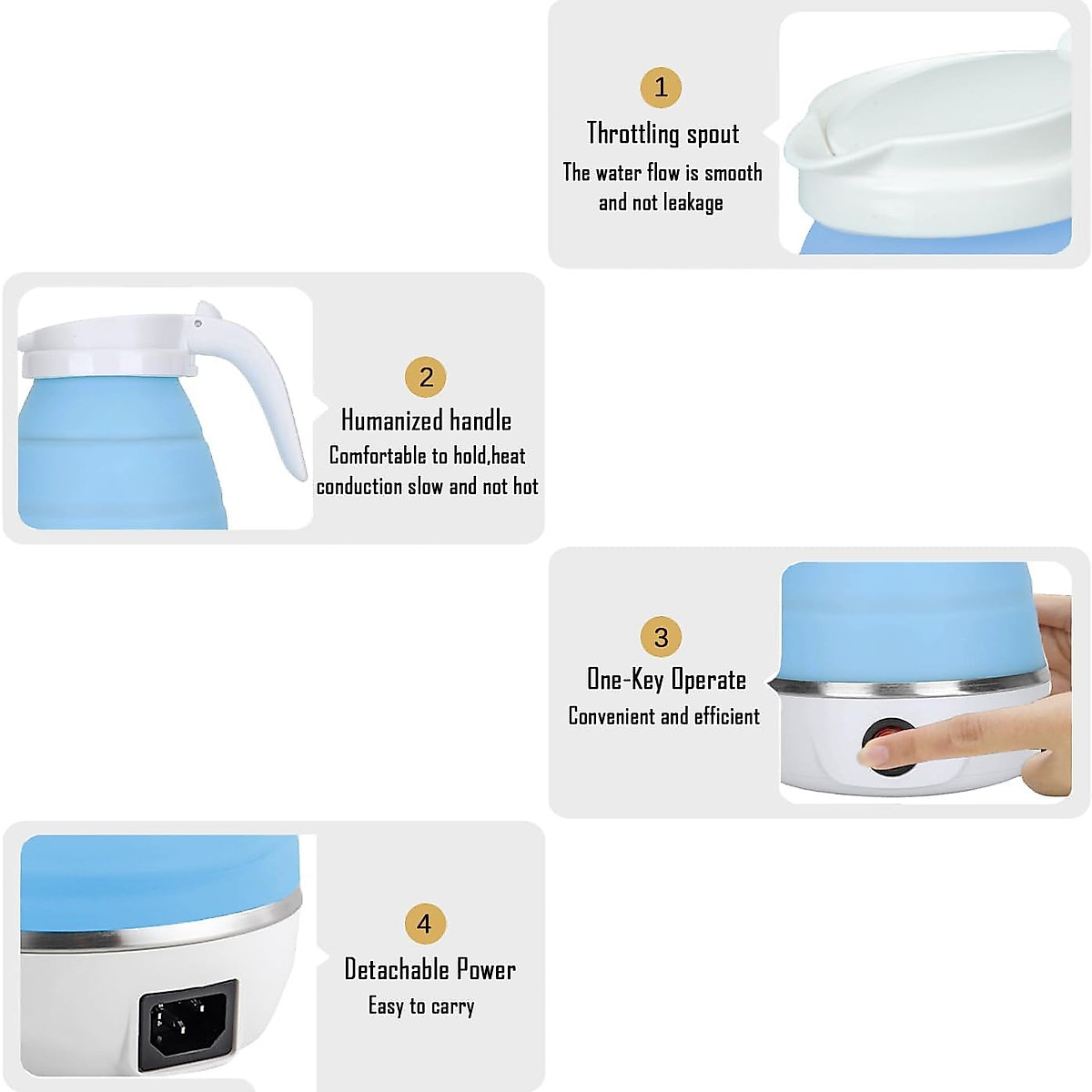 Foldable Electric Travel Kettle - Portable and Convenient Silicone Collapsible Water Boiler and Tea Pot for Camping - Easy Storage with Detachable Power Cord （Blue）