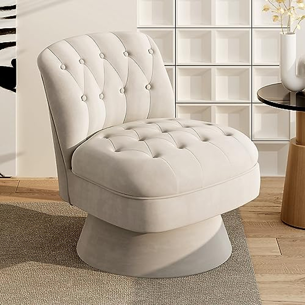 Dewhut Modern 360 Degree Swivel Velvet Barrel Accent Chair, Comfy Side Corner Sofa Chair for Small Space, Button Tufted Upholstered Armless Chair for Living Room, Bedroom, Office, Vanity(Beige)