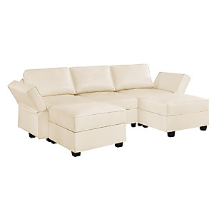 Naomi Home Sarah Modular Sectional Sofa with Double Chaise Air Leather U Shaped Sofa Reversible Sectional Couch with Storage - Beige