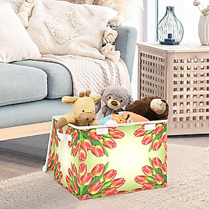 senya Large Collapsible Storage Bins with Lids, Spring Tulip Flowers Storage Baskets Organizer Containers with Handles for Nursery Clothes Toys