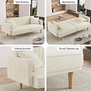 OUYESSIR Futon Sofa Bed, 75.3", Couch, Small Sofa, Sleeper Sofa, Loveseat, Mid Century Modern Velvet Futon Couch with 2 Pillows for Living Room (Beige White Velvet, Futon)