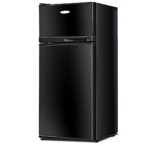 Hysache Double Door Compact Refrigerator, Mini Fridge with Top Door Freezer& Adjustable Temperature, Electric Food Storage with Removable Shelves for Bedroom, Dorm, Apartment, Office (Black)