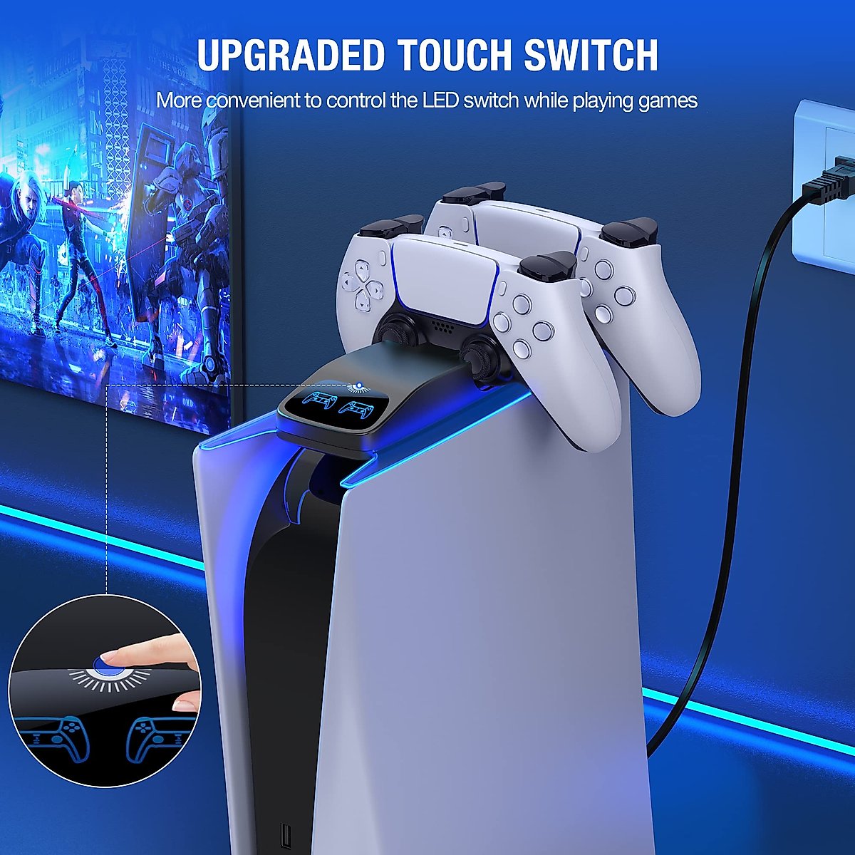EXTREMECOOL PS5 Controller Charging Station for Dualsense, Dual PS5 Charging Station with RGB Light and Upgraded Touch Switch, PS5 Controller Accessories PS5 Controller Charger Dock on Top of Console
