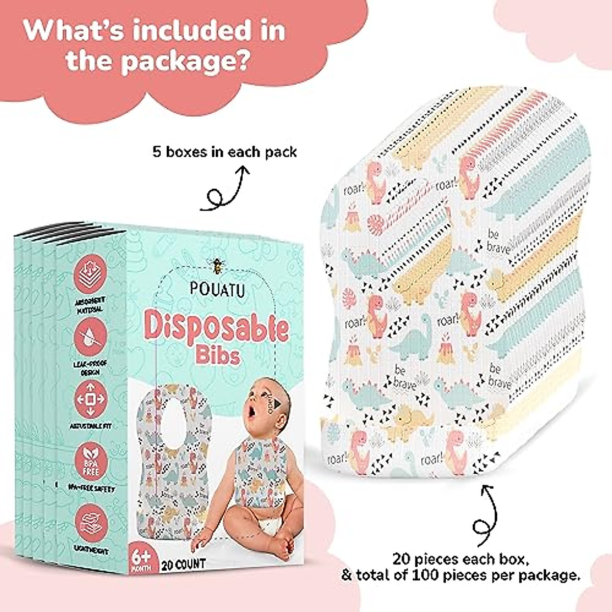 POUATU Premium Baby Disposable Bibs - Mess-Free Feeding and Easy Cleanup - 5 Packs of 20 (100 Count)