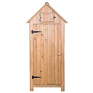 SSLine 70" Tall Outdoor Storage Shed Garden Backyard Tools Accessories Cabinet Organizer Patio Wooden Deck Box with Built-in Shelves and Lockable Door