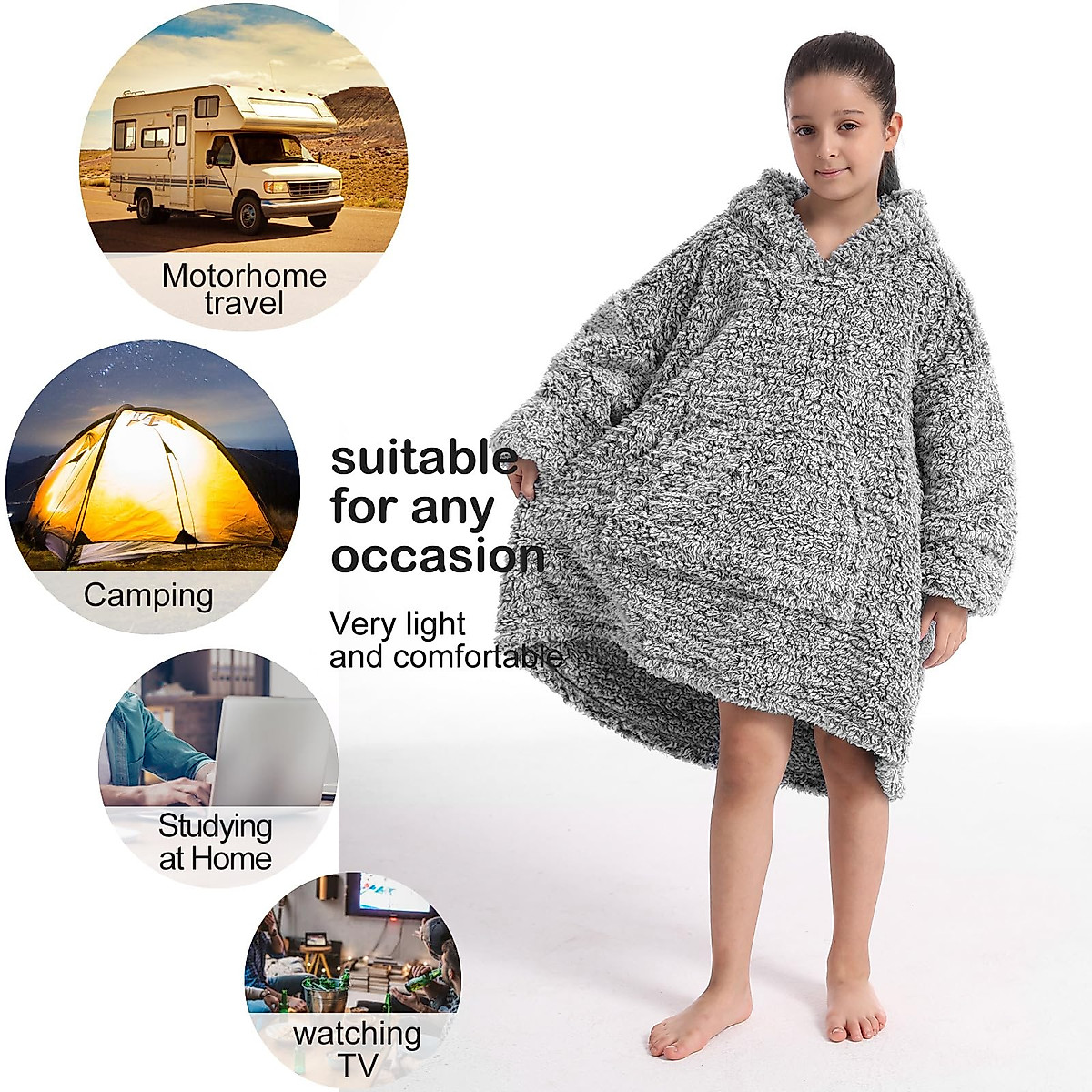 Cozy Sherpa Wearable Blanket Hoodie with Sleeves for Kids Gift Idea,Hooded Snuggle Blanket,Oversized Blanket Sweatshirt,Super Warm Light Weight, Black
