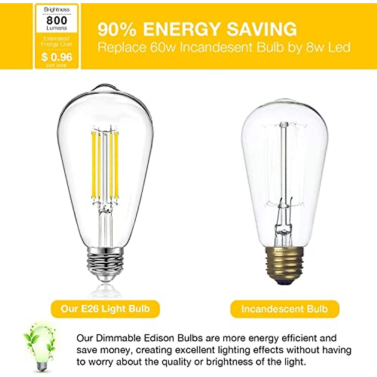DAYBETTER Vintage LED Edison Bulbs 60 Watt Equivalent, ST58 Antique LED Filament Light Bulbs, Dimmable Led Bulb with E26 Medium Base, Warm White 2700K, Brightness 8W, 800LM, Clear Glass, 3 Packs