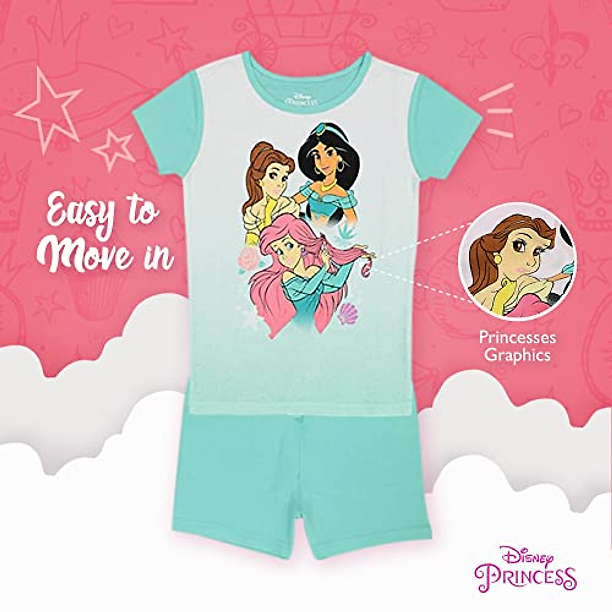 Disney Girls' Princess 6-Piece Snug-Fit Cotton Pajamas Set, DREAM BIG, 6