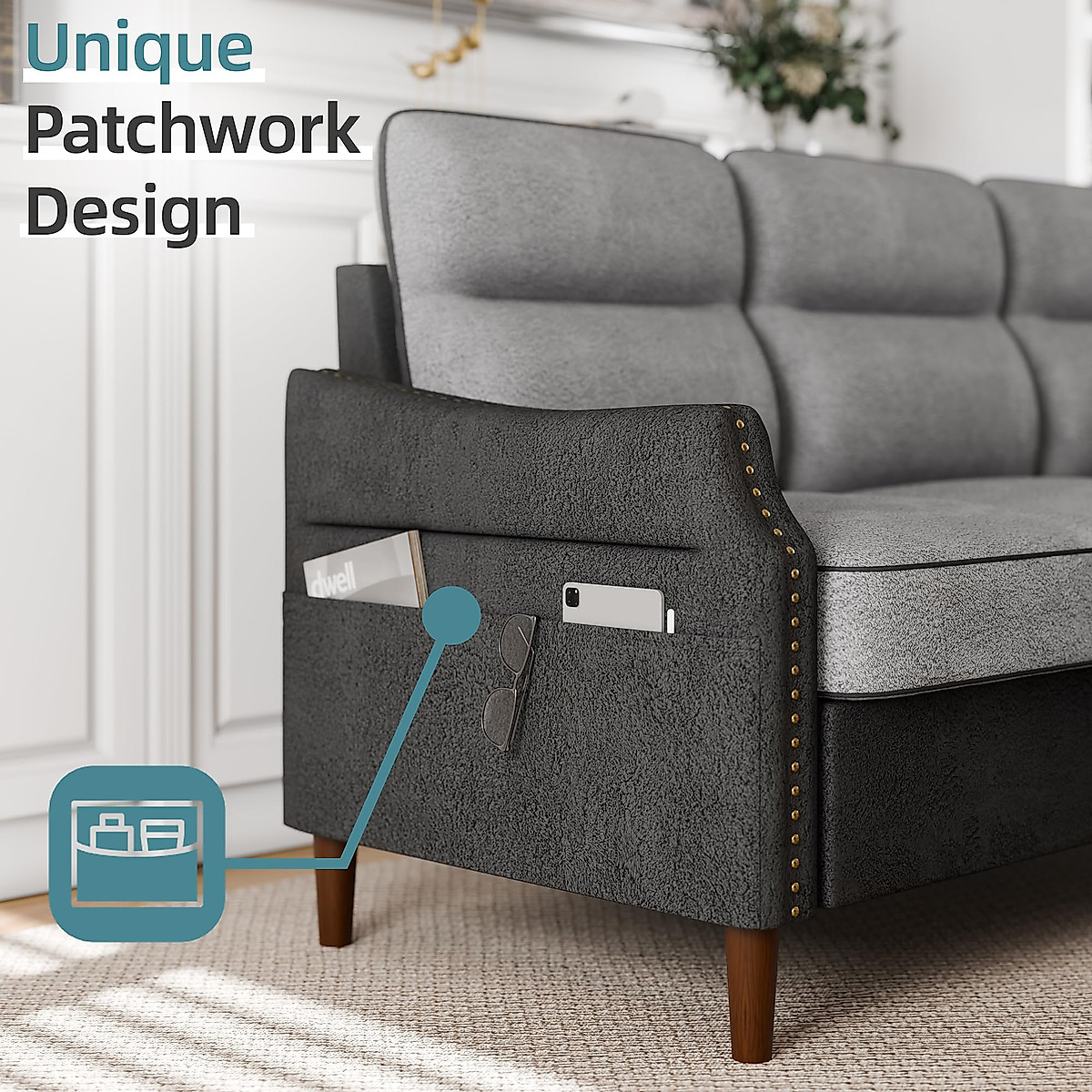 JAMFLY Sectional L Shaped Sofa Couch with Side Storage Bag, Convertible Sofa for Living Room with Reversible Chaise and Rivet Decor for Apartment and Small Space, Grey