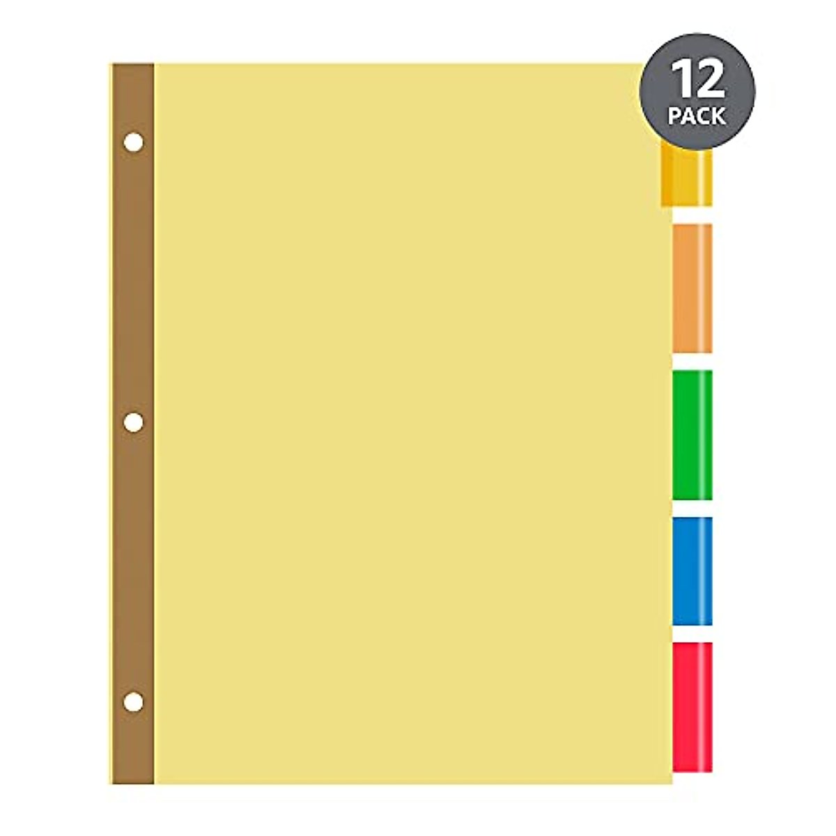 Amazon Basics 3 Ring Binder Dividers With 5 Tabs, Paper Binder Dividers, Insertable Multicolor Plastic Tabs, Pack of 12 Sets (60 Dividers Total)