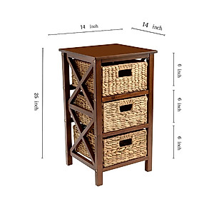 eHemco 3 Tier X-Side End Storage Cabinet with 3 Wicker Baskets, Walnut