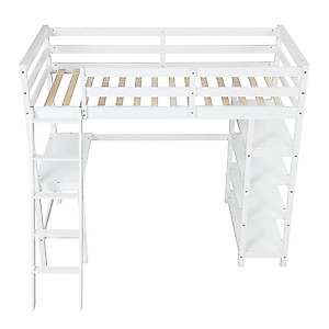 Bellemave Twin Loft Bed with Desk & Shelves for Teens Adults, Wood High Loft Bed Frame with Bookcase & Angle Ladder for Kids Boys Girls, Full-Length Guardrail, Twin Size, White