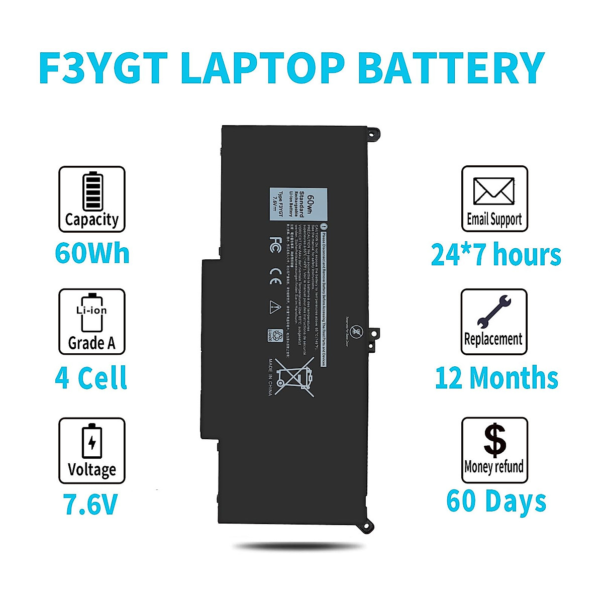 Emanjor 7.6V 60Wh Type F3YGT Battery for Dell Latitude 7480 7490 7280 7290 7380 7390 P73G001 P73G002 P28S001 P28S002 P29S002 DM3WC 2X39G DM6WC 451-BBYE 453-BBCF P28S P73G KG7VF 4-Cell