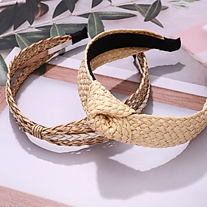 PHALIN 6Pack Straw Knotted Headband Rattan Earrings Set, Boho Woven Straw Raffia Rattan Hairbands, Wide Top Knot Headbands for Women Summer Beach Hair Accessory (4PCS+2Pairs)