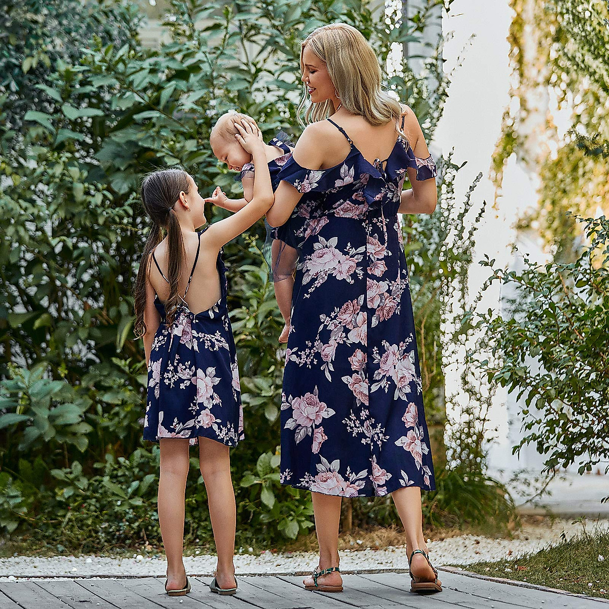 PopReal Mommy and Me Dresses Floral Print Cold Shoulder Ruffle Backless Strap Beach Midi Dress Summer