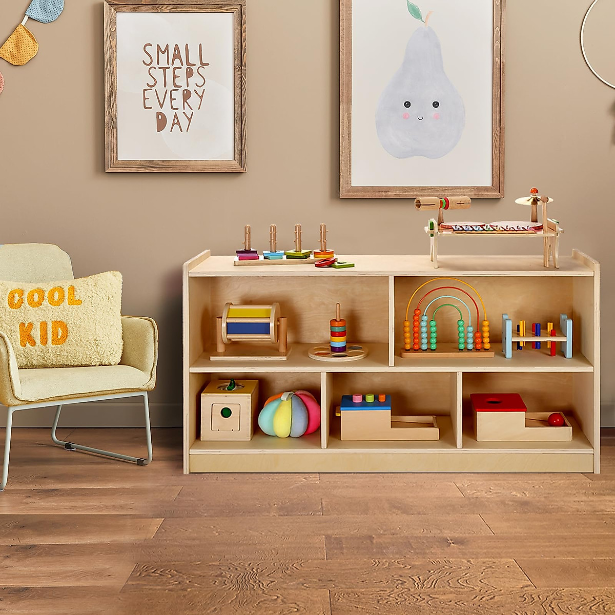 wingyz Wooden Storage Cabinet, 5-Section Montessori Bookshelf, Kids Toy Storage Organizer Book Shelf for Kids Rooms, Classroom, Playroom, Nursery, Preschool Book Shelves