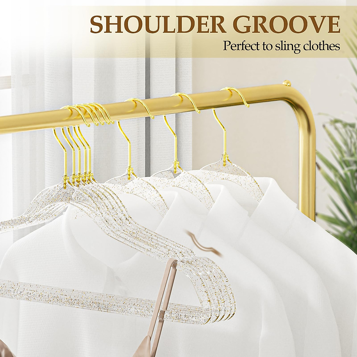 UEAKPIC 50 Pack Clear Plastic Hangers with Gold Glitter, Acrylic Hangers Ultra Slim & Space Saving Suit Hangers for Coats, Pants & Dress Clothes