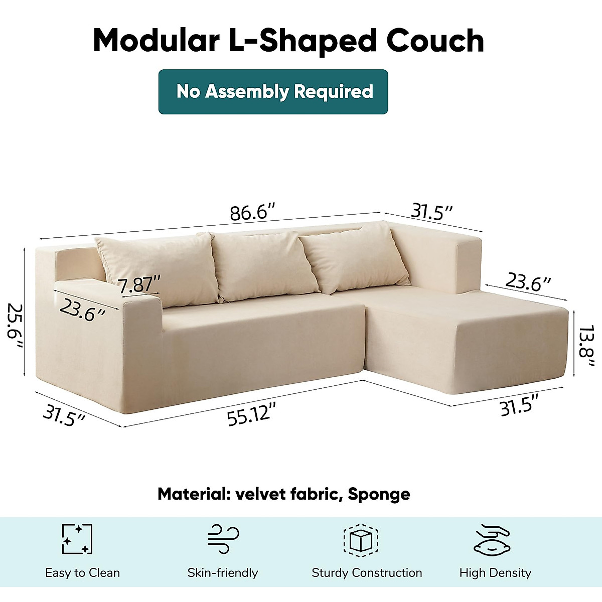 JOYBASE Modular Sectional L-Shaped Sofa Cloud Couch, Modern Minimalist 3-Seat Couch with Right-Hand Facing Chaise for Living Room Office, No Assembly Required (Khaki)