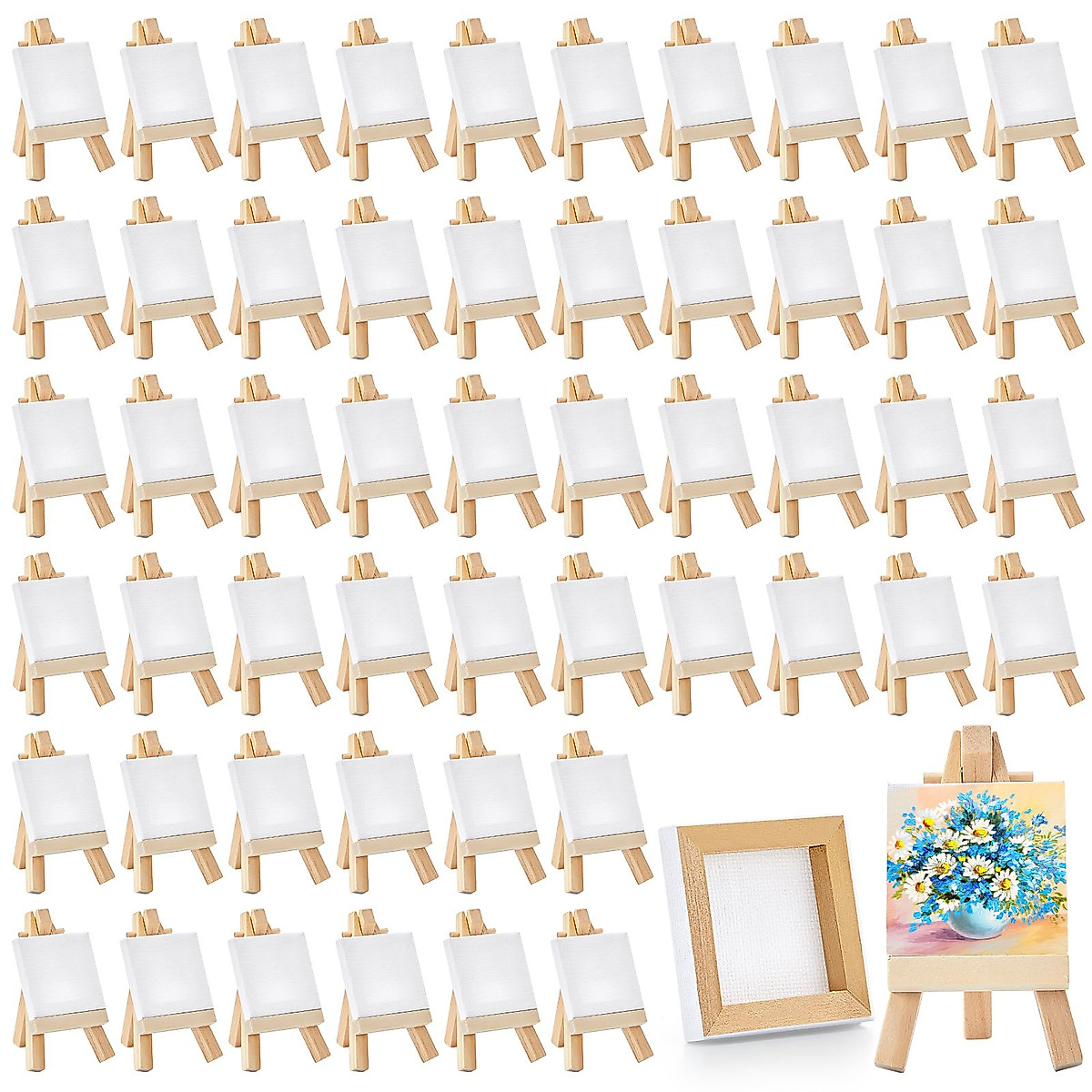 Colarr 2 x 2 Inch 50 pack Mini Canvas Easel Set Stretched Canvases for Painting Mini Canvas and Wood Display Easel with Smooth Back for Kids Beginners Painting Class Party Decoration Miniature Artwork