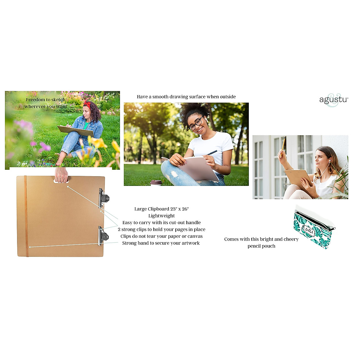 Agustu Artist Sketch Clipboard - 23 inch x 26 inch Drawing Board - for Field Trips, Classroom or Studio - Easy Grip Lightweight Smooth Large Drawing Board with Clips - Complete with Pencil Pouch