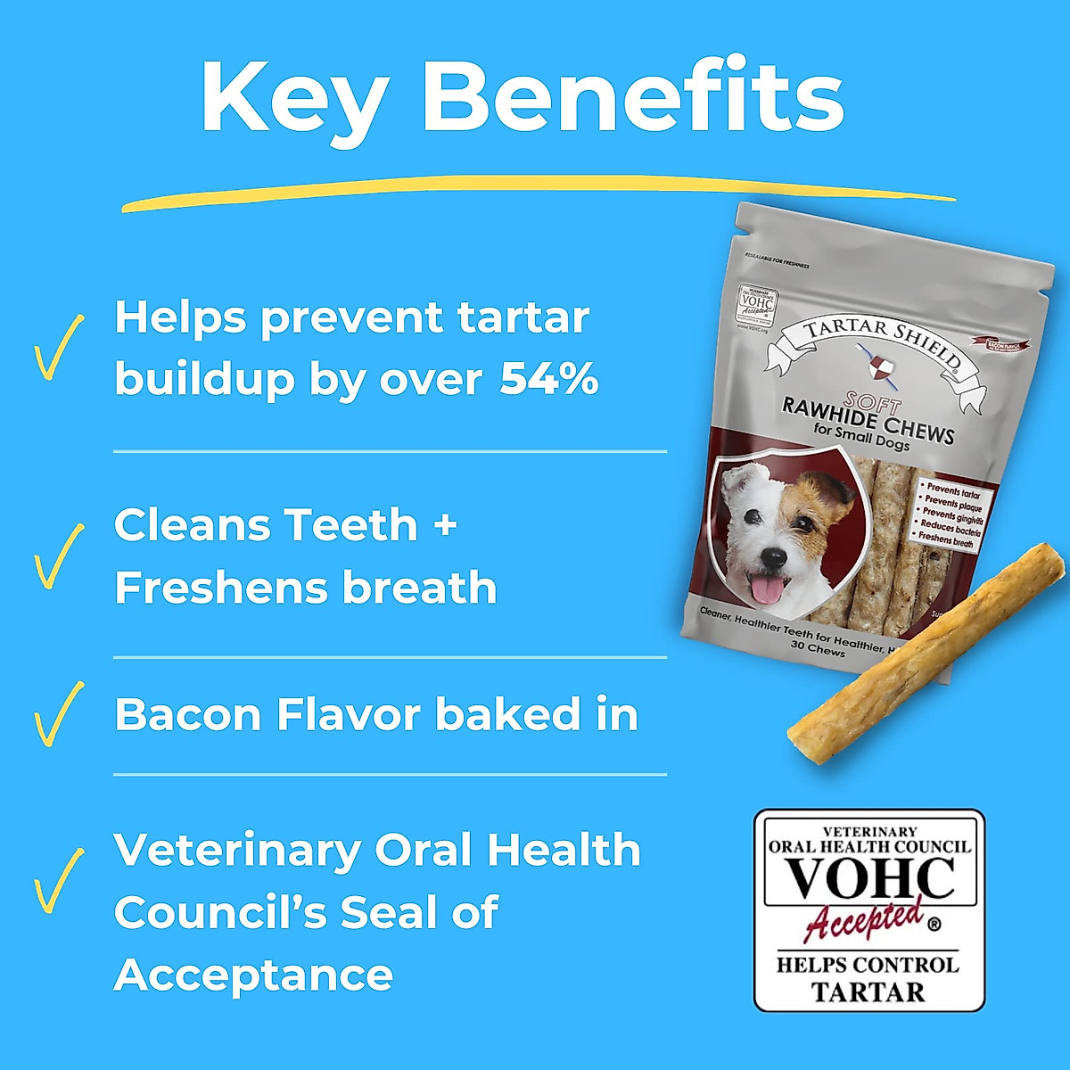 Tartar Shield Soft Rawhide Chews | Safe Dental Treats for Small Dogs | Vet VOHC Approved | Daily Bone Cleans Teeth & Gums Fresh Breath Oral Health Support | USA Made | (Small Dogs / 30 Count)