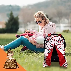 Dear Baby Gear Carseat Canopy - Car Seat Cover with Snap Opening for Girls and Boys - Infant Car Chair Canopies - Floral & Farm Prints - Nursing Covers 39" x 32" (Heifer Cow and Red Flowers, Red)