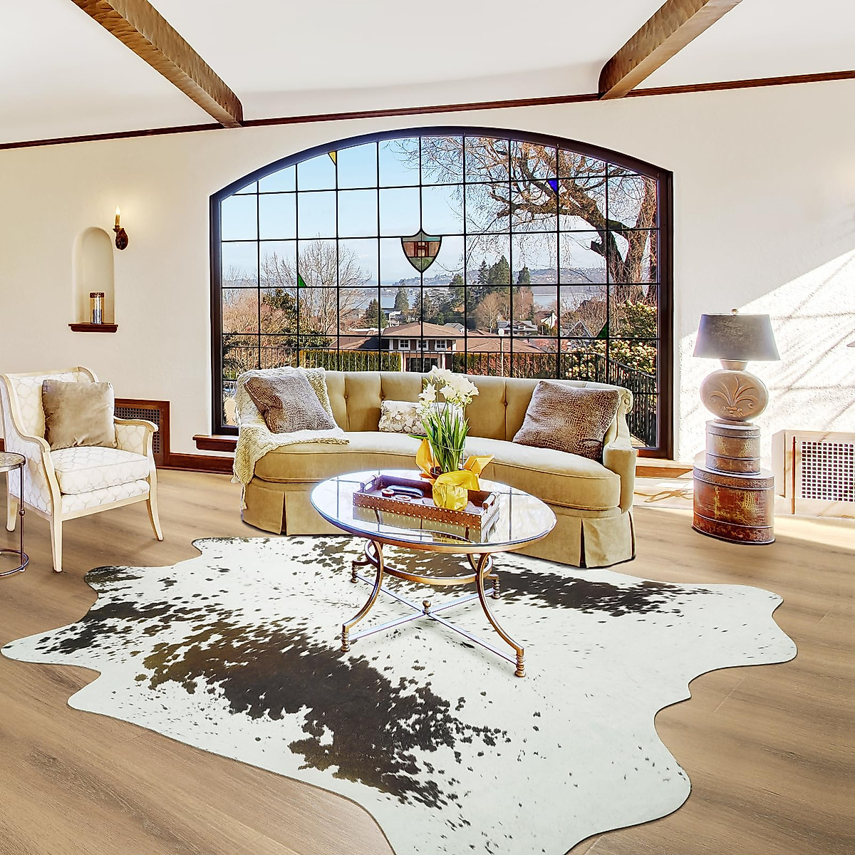 B BENRON Modern Cowhide Rug Faux Cow Rug for Living Room 5.3x6.2ft Animal Rug White and Brown Cow Hide Rug Large Cow Print Rug Non Slip Area Rug Industry Style Western Rugs