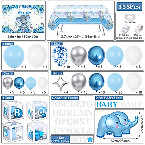 Golray 155pcs Elephant Baby Shower Decorations for Boy Baby Boxes with Letters Blue Balloon Garland Kit It's a Boy Backdrop Tablecloth Star Elephant Kid Birthday Party Supplies Baby Boy Shower Decor