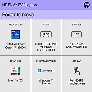 HP Envy 17 inch Laptop, FHD Touch Display, 13th Generation Intel Core i7-13700H, 12 GB RAM, 1 TB SSD, Intel Iris Xe Graphics, Windows 11 Home, 17-cr1010nr (2023)